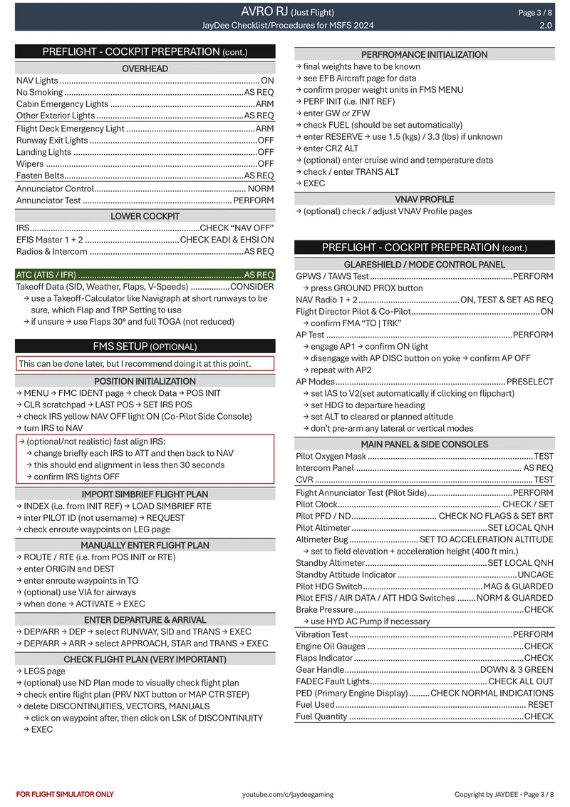 AVRO RJ - Procedures and Checklist for Microsoft Flight Simulator | MSFS