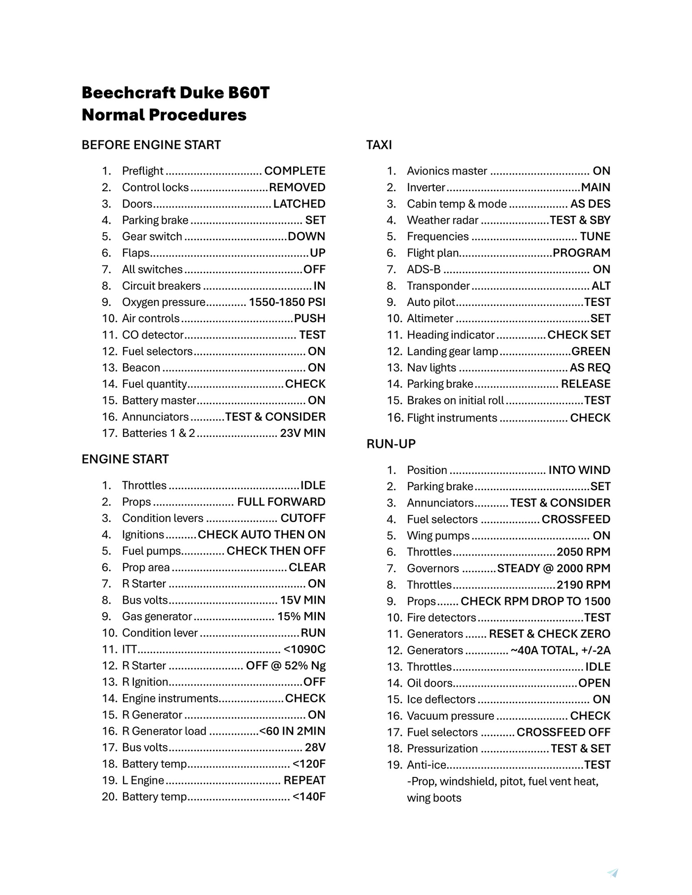 B60T Beechcraft Duke Custom Checklist para Microsoft Flight Simulator ...