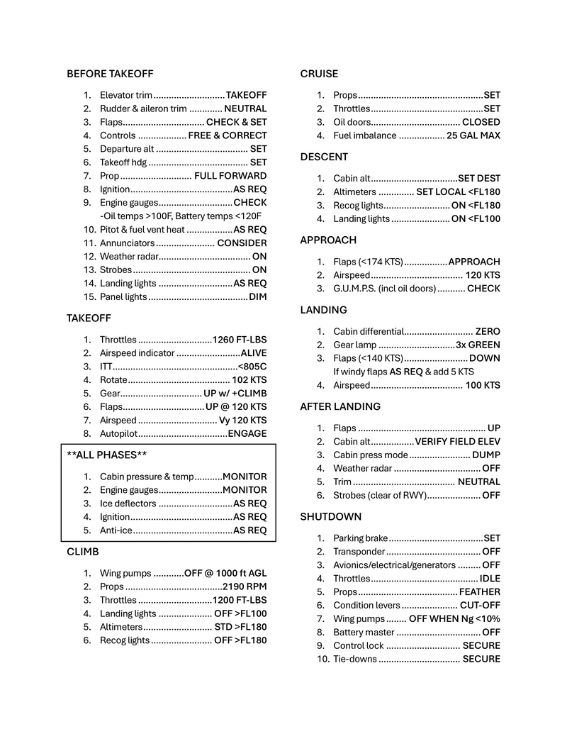 B60T Beechcraft Turbine Duke Custom Checklists for Microsoft Flight ...