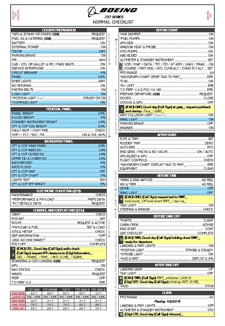 B737 Normal Checklist pour Microsoft Flight Simulator | MSFS