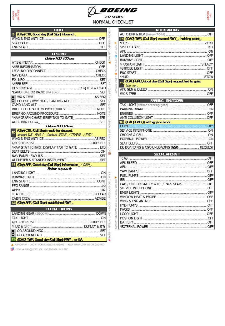 B737 Normal Checklist pour Microsoft Flight Simulator | MSFS