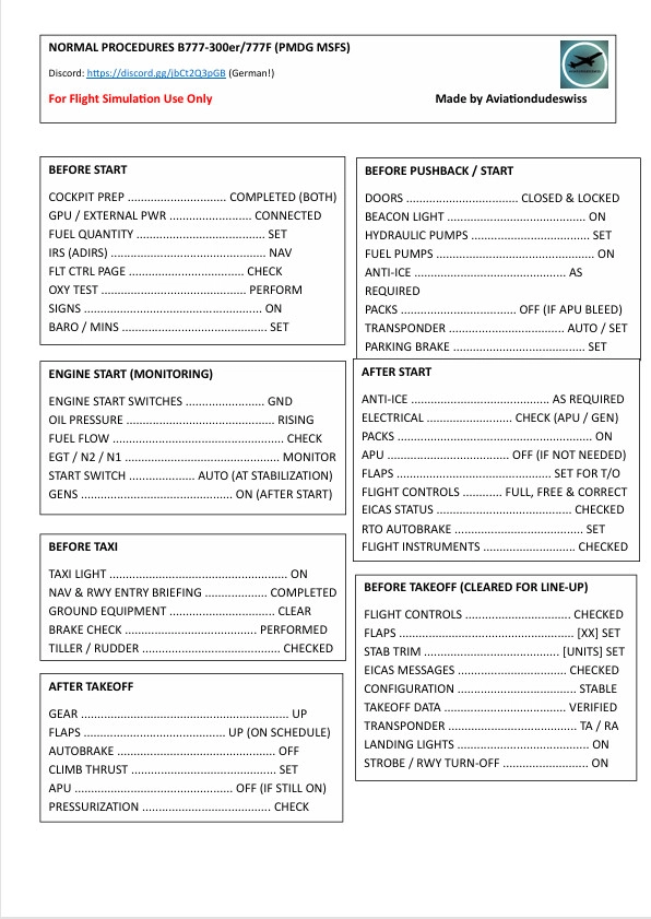 Checklists for PMDG Boeing 777-300ER on Microsoft Flight Simulator