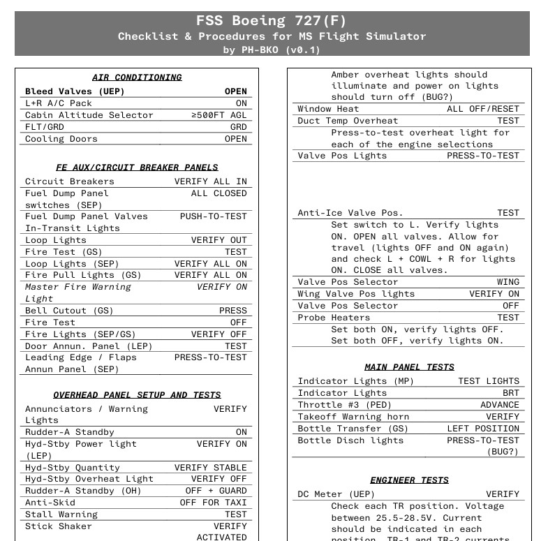 Boeing 727 Checklist & Procedures Quickview for Microsoft Flight Simulator | MSFS