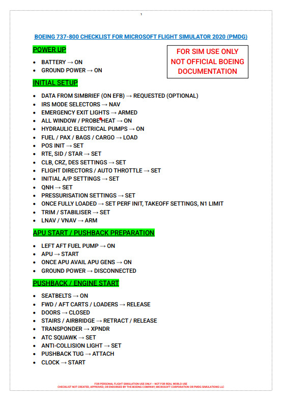 Boeing 737-800 (PMDG) Checklist for Microsoft Flight Simulator | MSFS