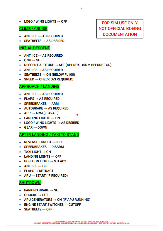 Boeing 737-800 (PMDG) Checklist para Microsoft Flight Simulator | MSFS