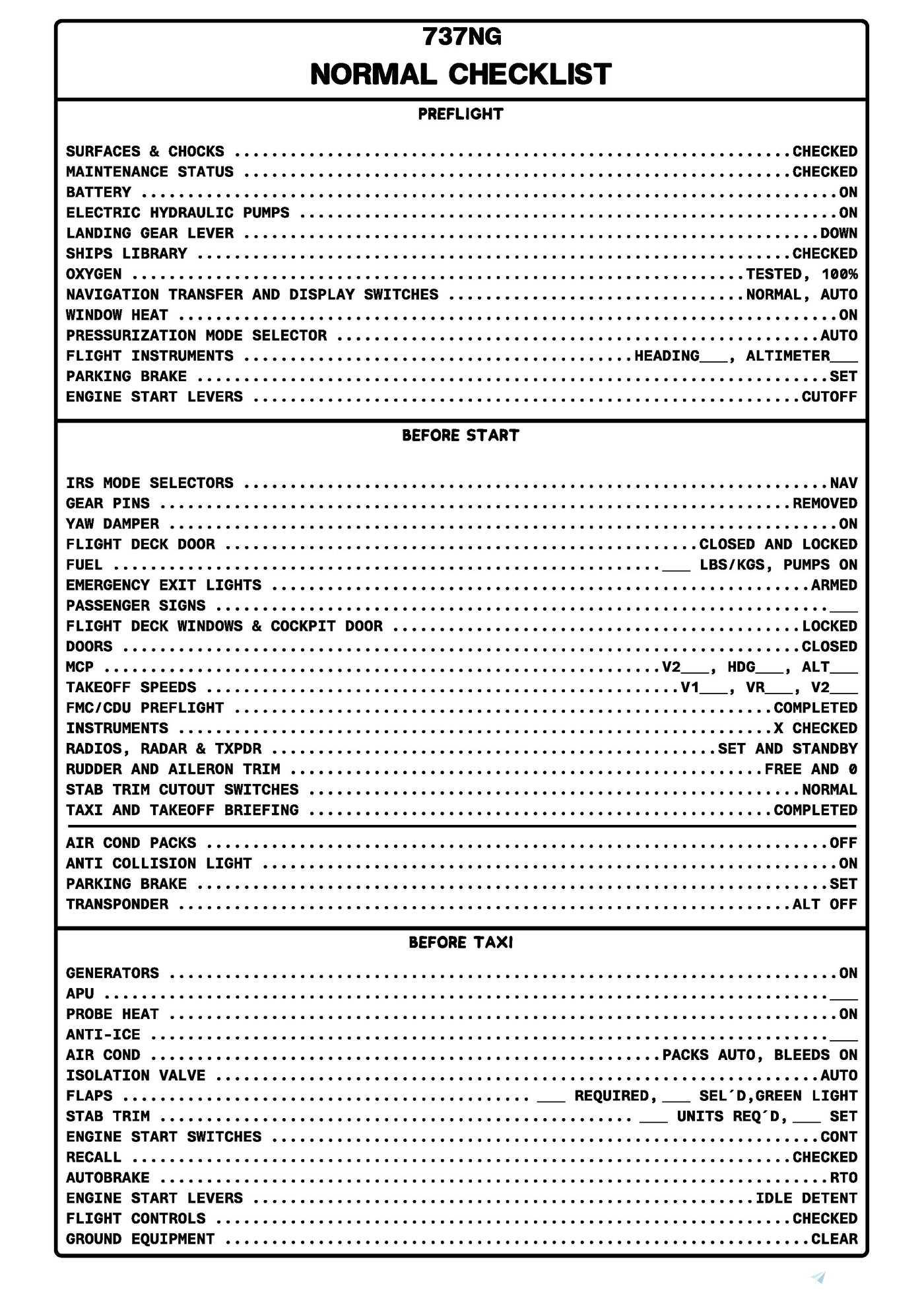 Boeing 737 NG - Checklist pour Microsoft Flight Simulator | MSFS