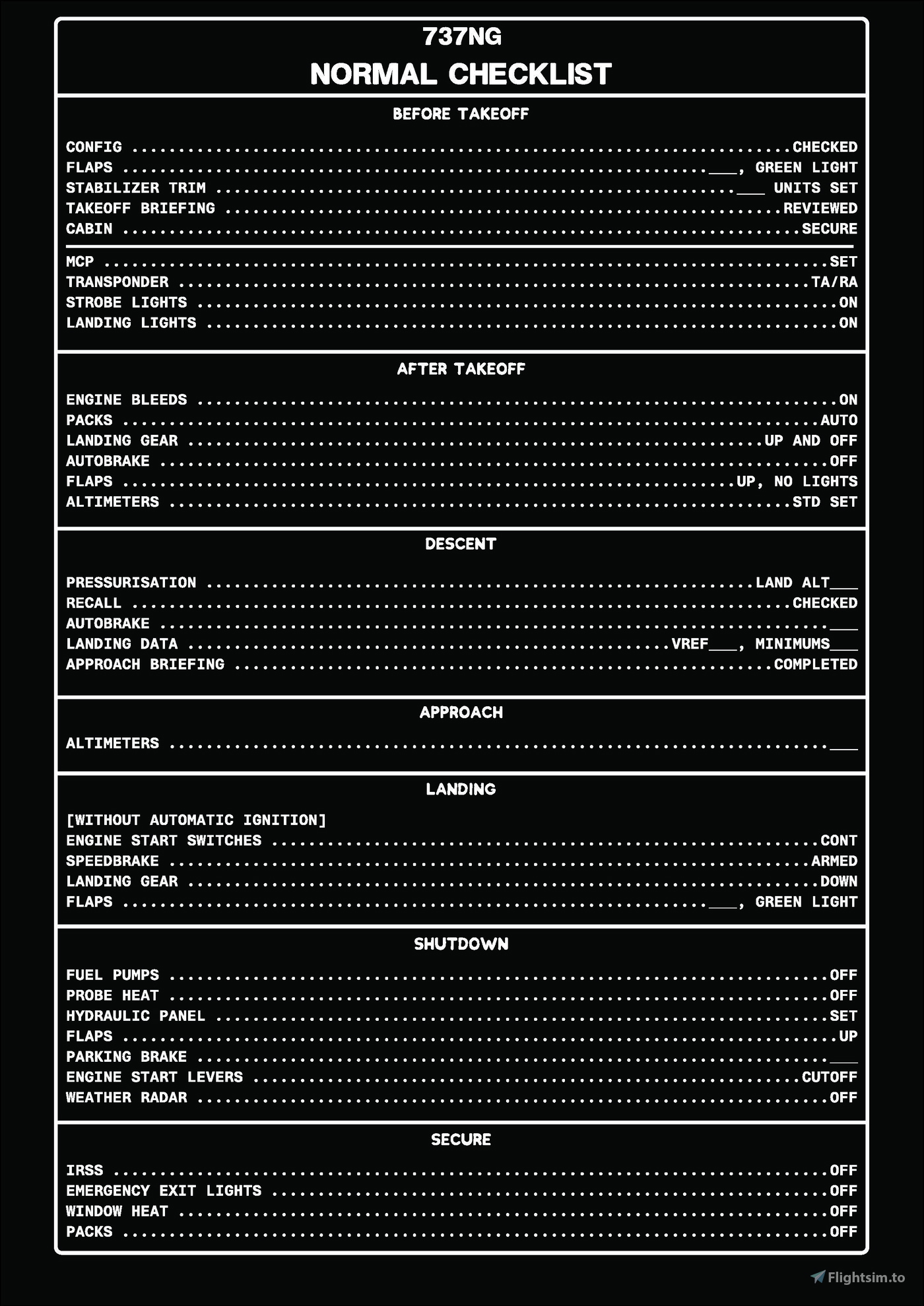 Boeing 737 NG - Checklist per Microsoft Flight Simulator | MSFS