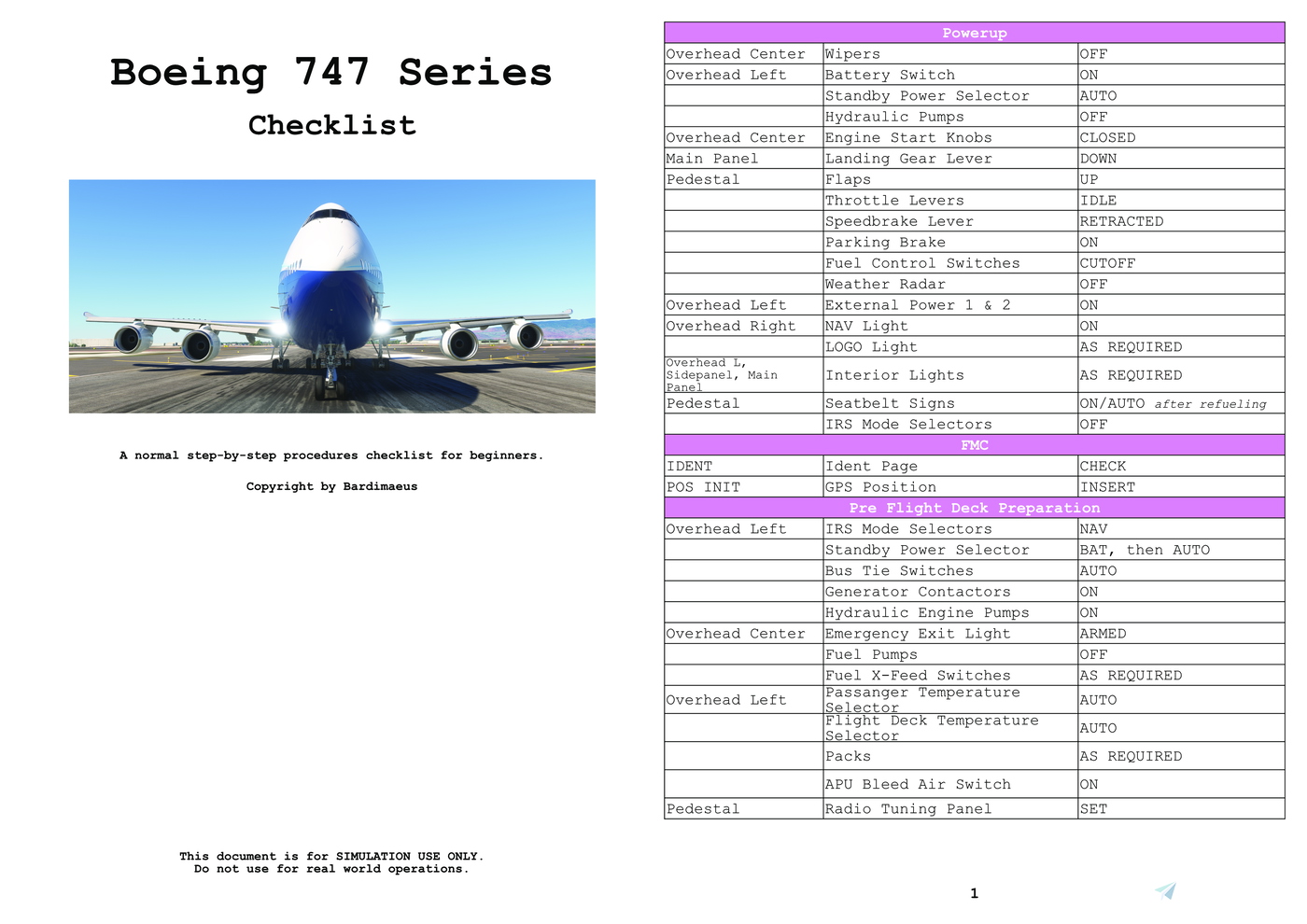 Boeing 747 - Step-By-Step Checklist as PDF für Microsoft Flight Simulator | MSFS