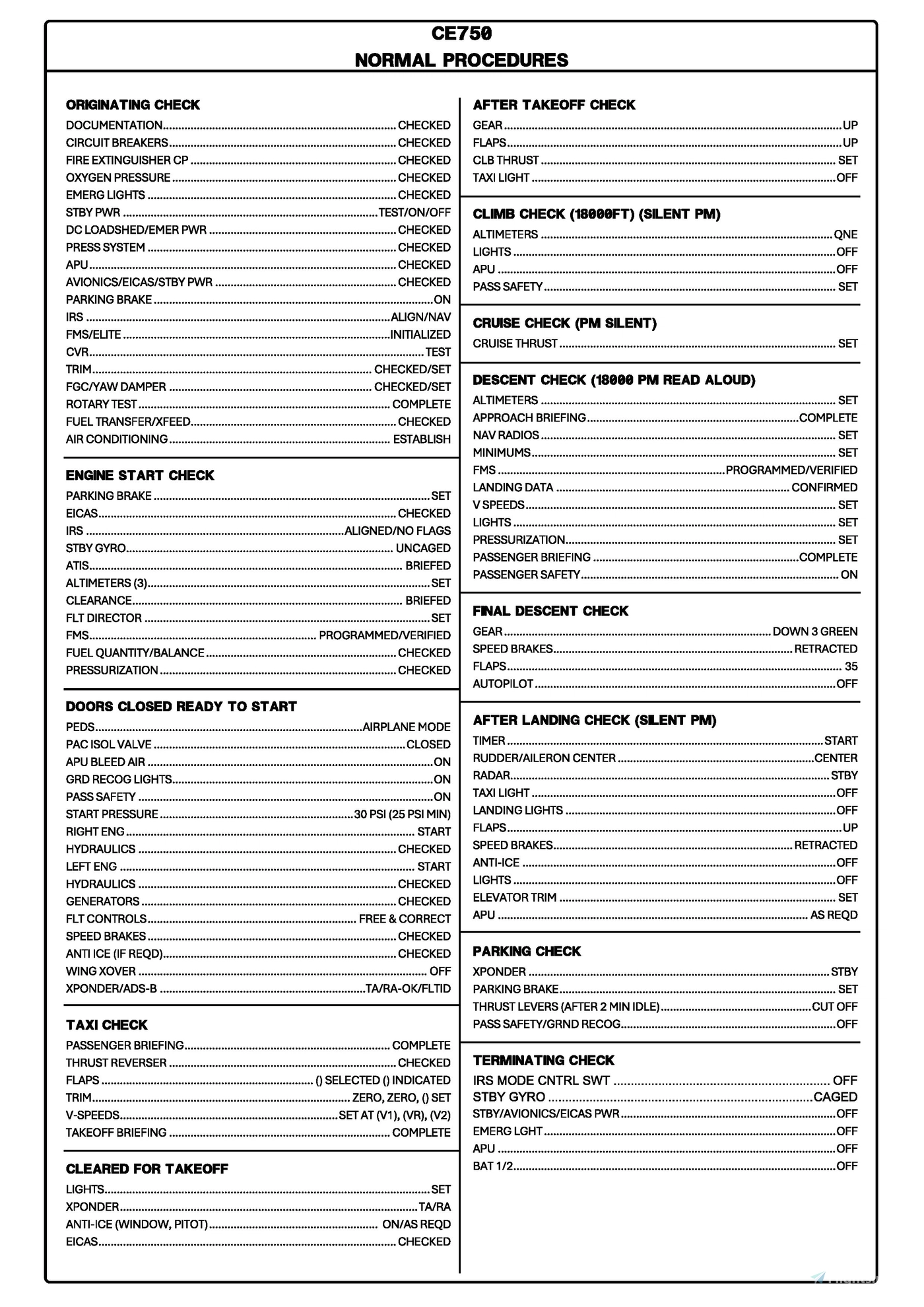 Cessna Citation X CE750 - Checklist for Microsoft Flight Simulator | MSFS