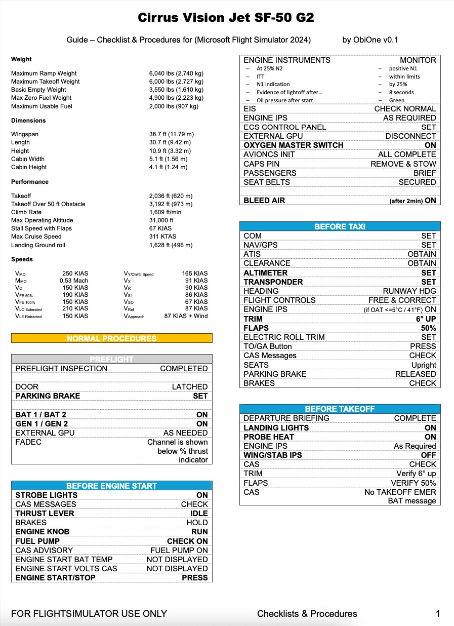 Checklist Cirrus SF50 Vision Jet for Microsoft Flight Simulator | MSFS