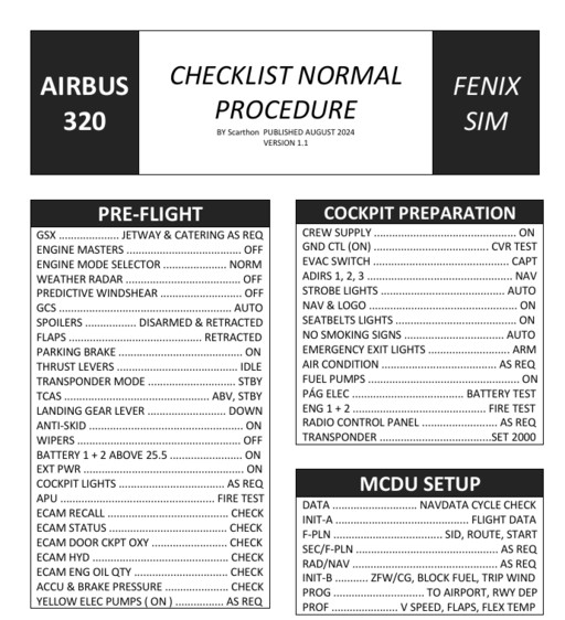 Fenix Airbus 320 CheckList Normal Procedure für Microsoft Flight ...