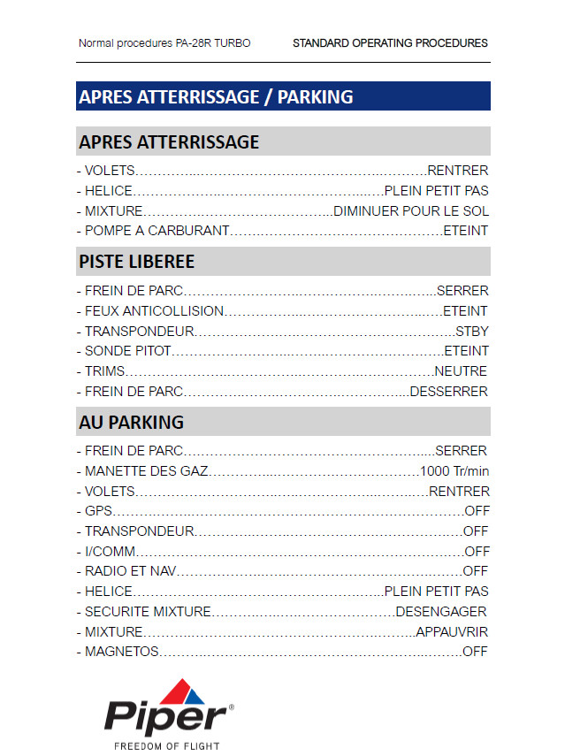 Checklist PA-28R TURBO ARROW III/IV for Microsoft Flight Simulator | MSFS