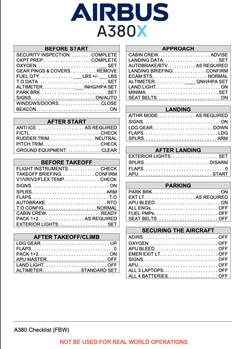 FBW A380X Checklist Condensed for Microsoft Flight Simulator | MSFS