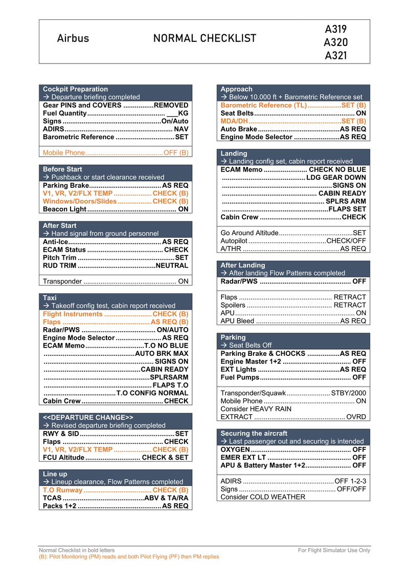 Airbus Family Normal & Extended Checklist (A319, A320, A321) for ...