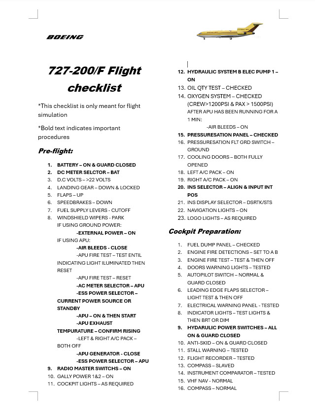 FlightSim Studio AG 727-200/F Flight checklist for Microsoft Flight Simulator | MSFS