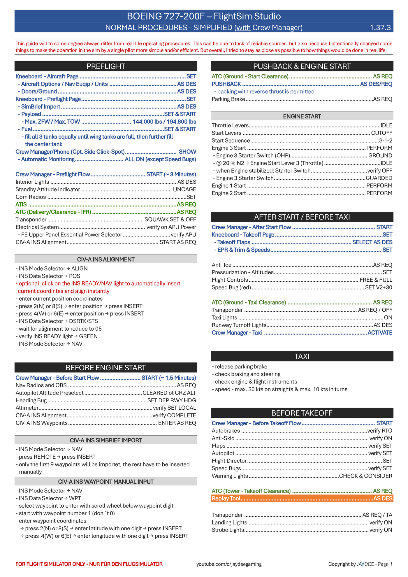 FSS Boeing 727-200F - Simple Checklist & Procedures 对于 Microsoft Flight Simulator | MSFS