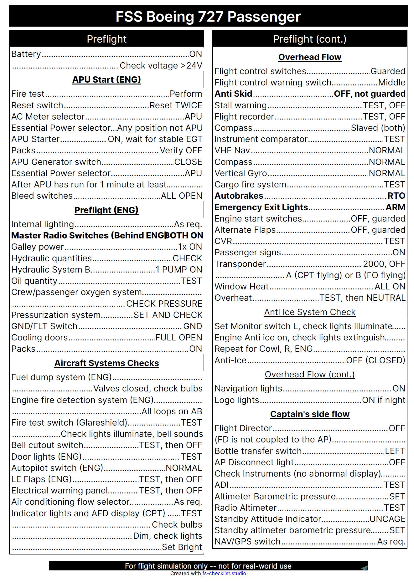 FSS Boeing 727 Passenger Checklist (no assists) pour Microsoft Flight Simulator | MSFS