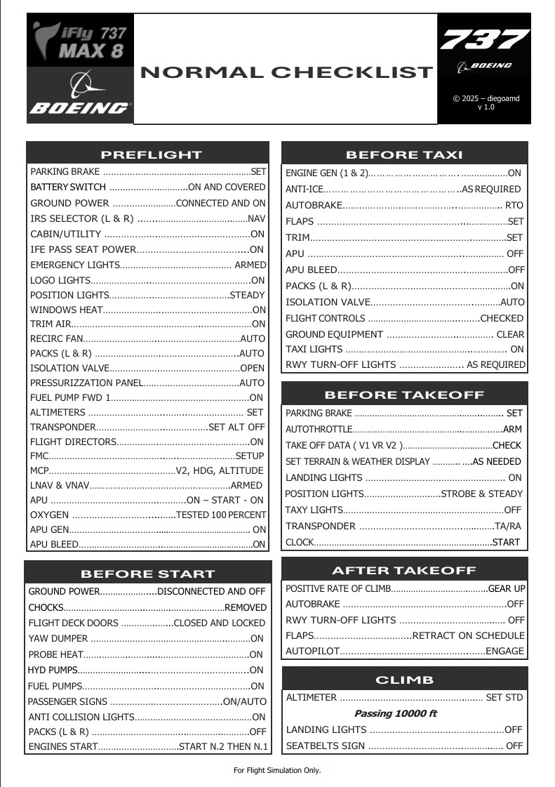 Checklists for iFly Boeing 737 MAX on Microsoft Flight Simulator