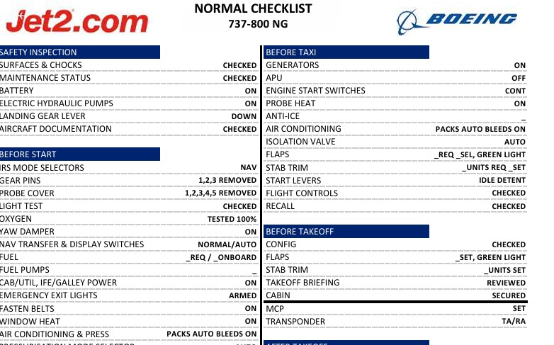 Jet2.com Boeing 737NG Normal Checklist for Microsoft Flight Simulator ...