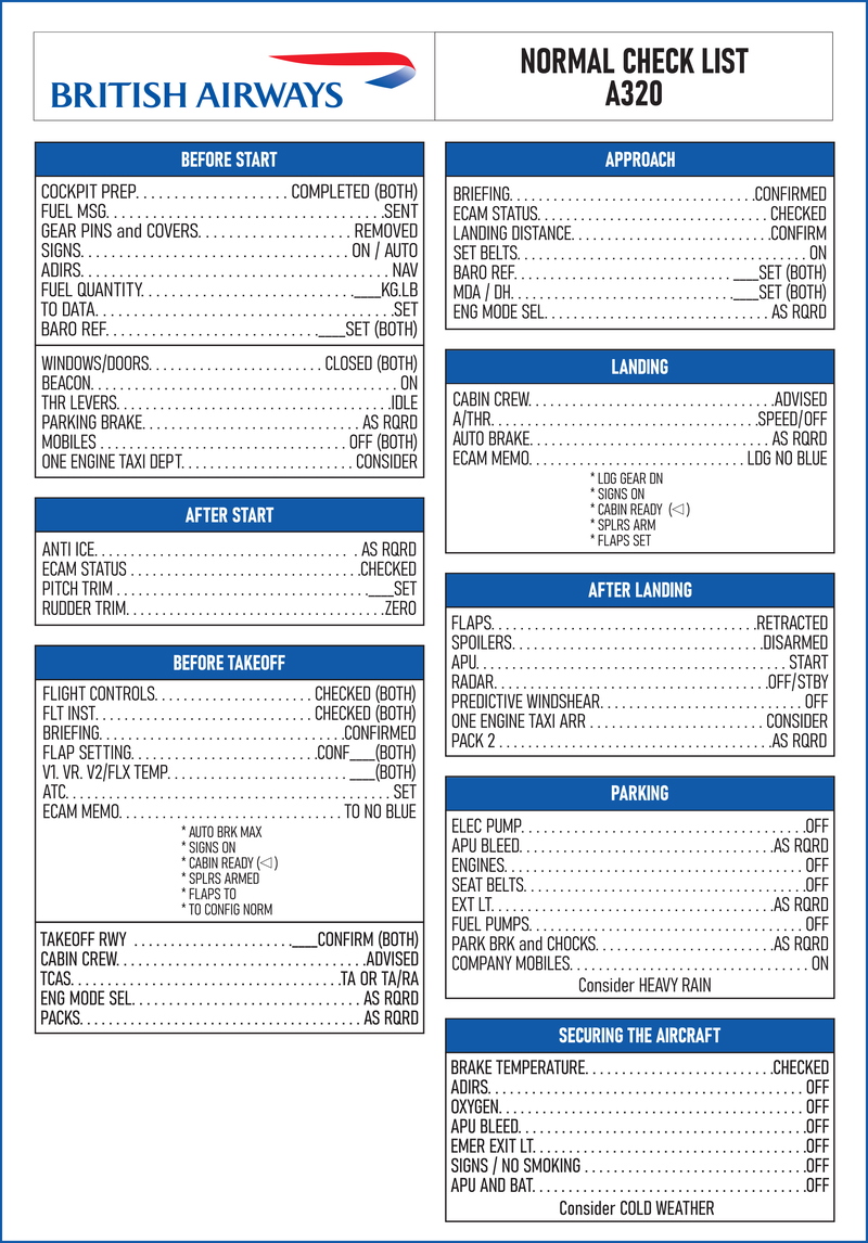 Normal Checklist - Airbus A320 - British Airways 对于 Microsoft Flight ...