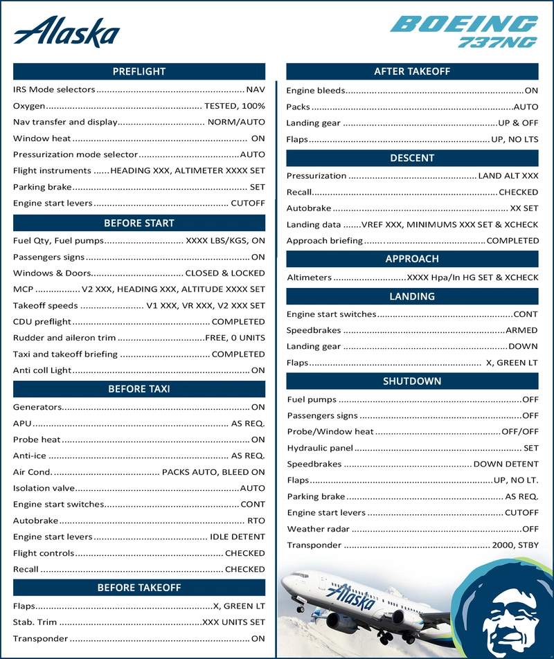 Normal Checklist - Boeing 737Ng - Alaska Airlines for Microsoft Flight Simulator | MSFS