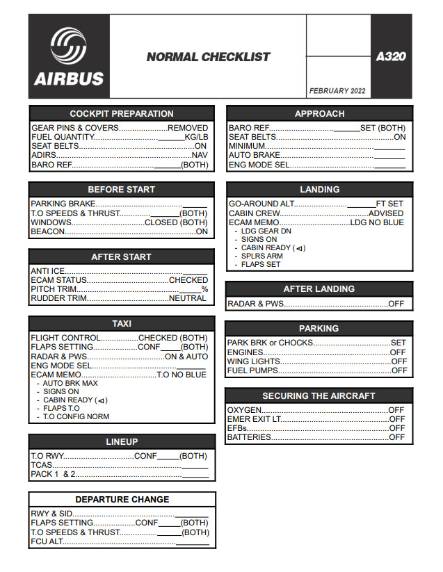 Normal Checklist Airbus A320 for Microsoft Flight Simulator | MSFS
