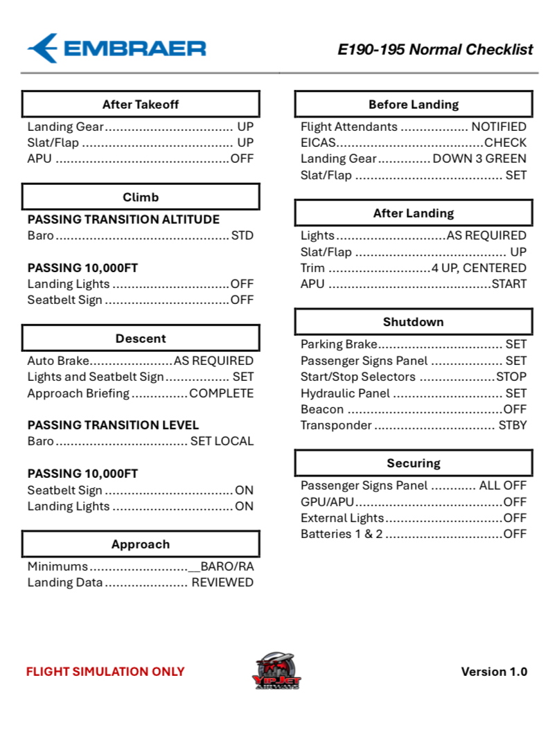 Normal Checklist for E190-E195 for Microsoft Flight Simulator | MSFS