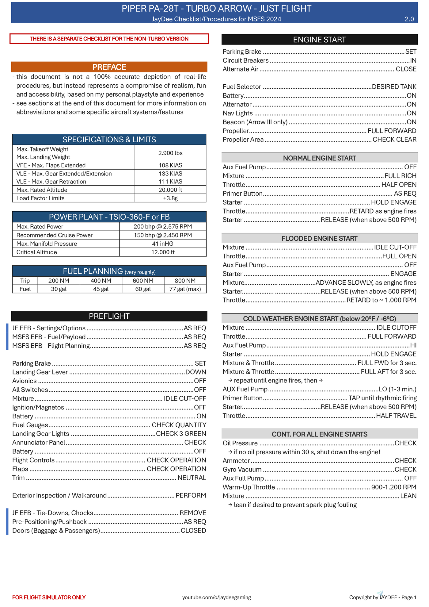 PA28 Turbo Arrow (JF) - JayDee´s Checklist & Procedures for Microsoft ...