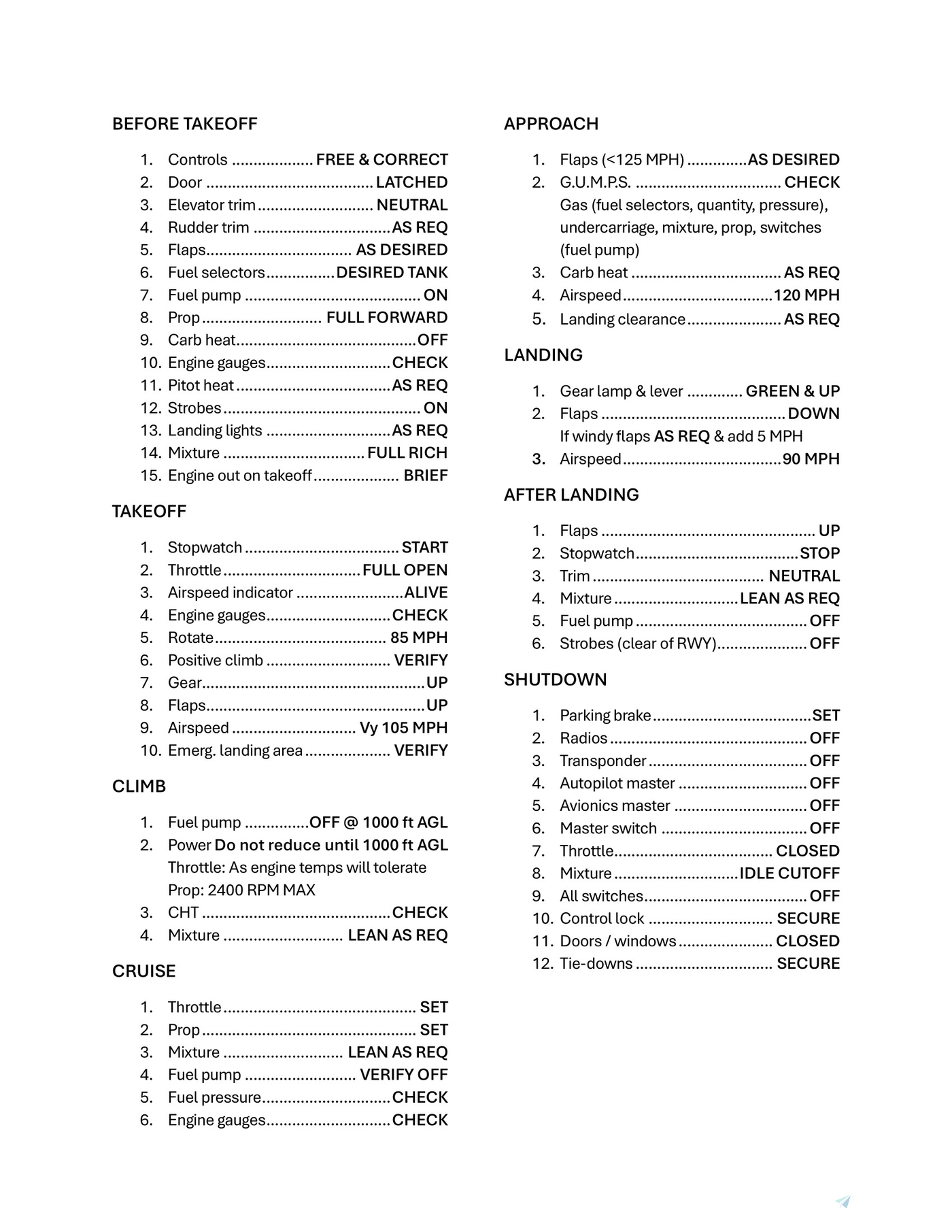 PA24 Piper Comanche Custom Checklist for Microsoft Flight Simulator | MSFS