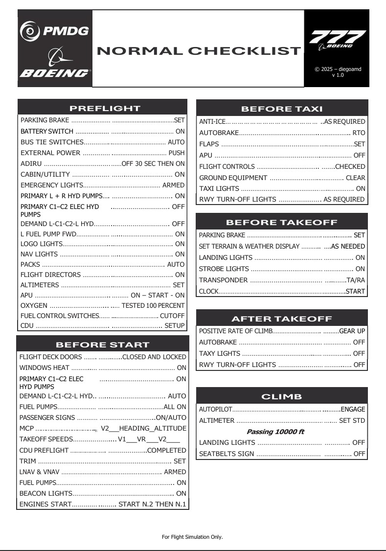 PMDG 777 Normal Checklist for Microsoft Flight Simulator | MSFS