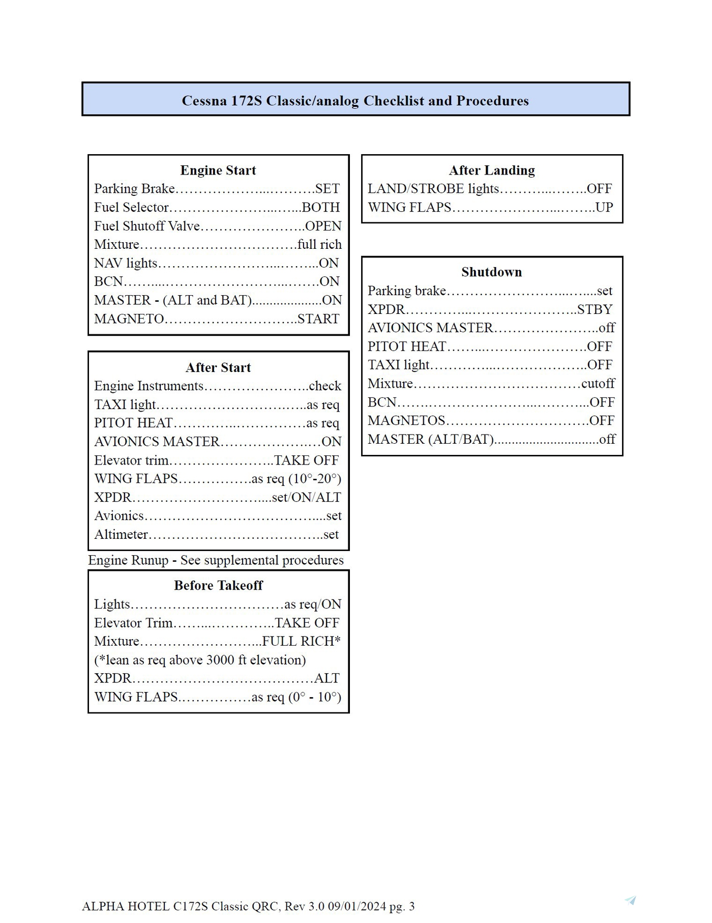 Quick reference/checklist for the Cessna 172 Classic for Microsoft ...