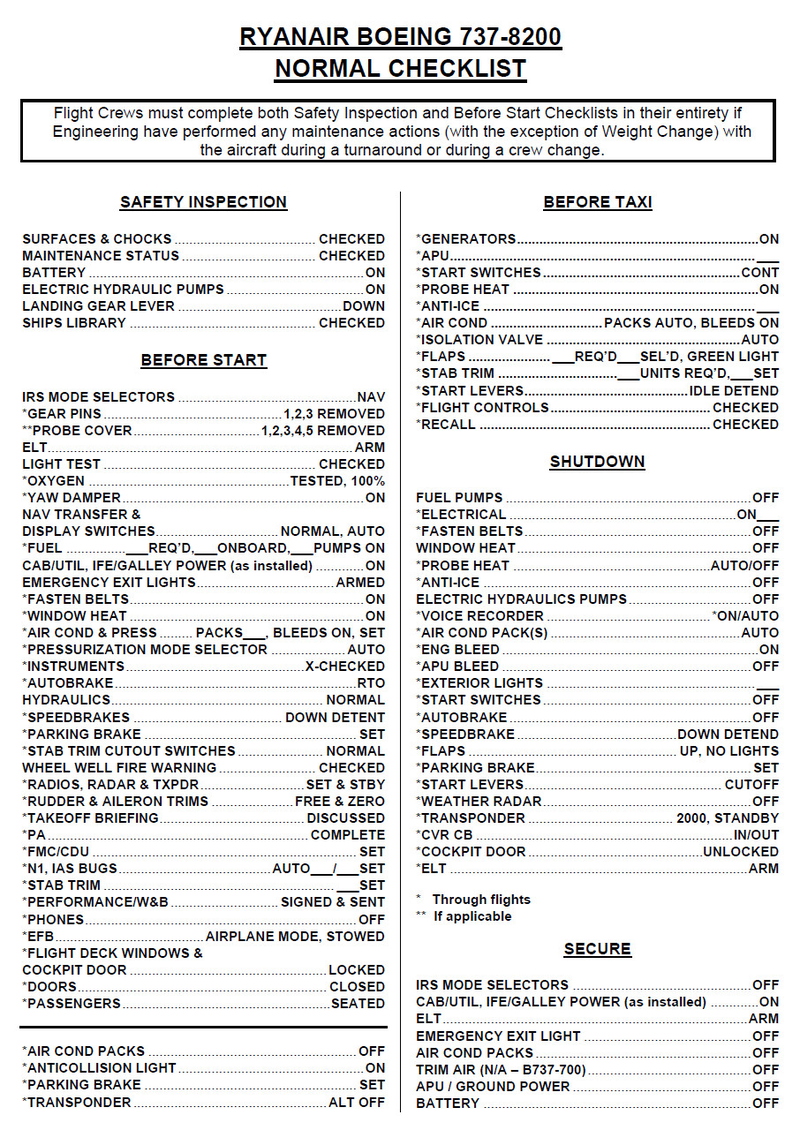 RYANAIR B737-8200 - Normal checklist (official) for Microsoft Flight ...