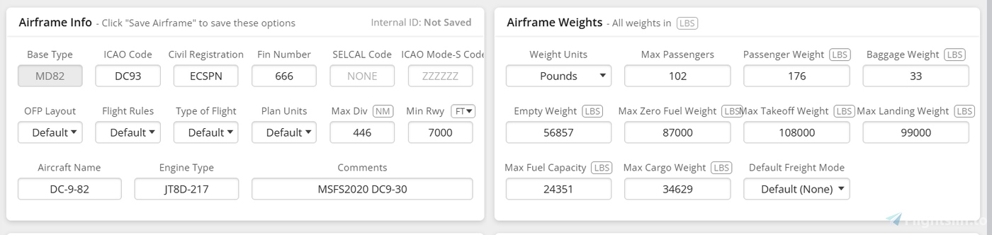 SimBrief Profile DC9-3 and DC9-3F Skysimulation. for Microsoft Flight ...