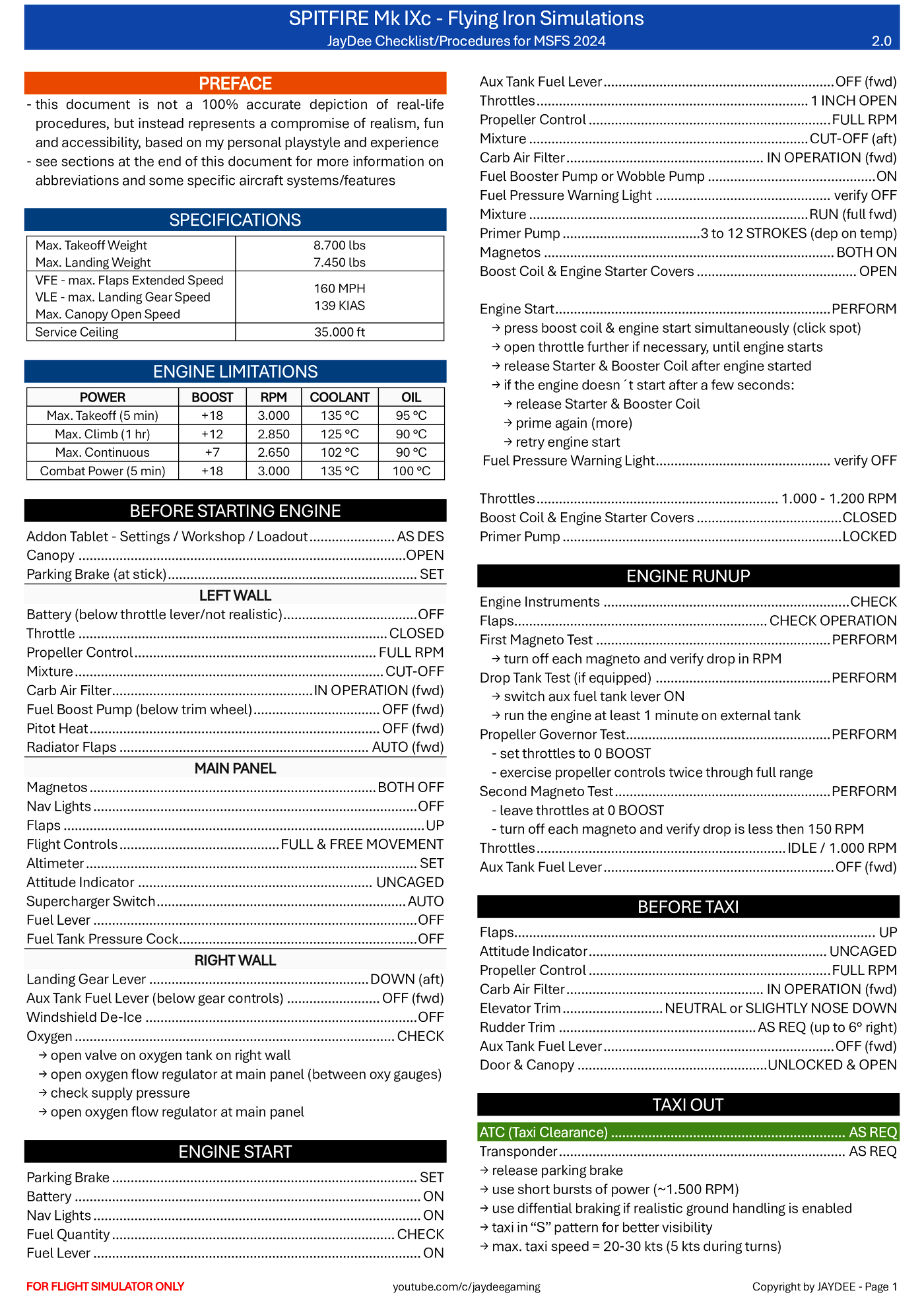 Spitfire MK IXc - JayDee Checklist & Procedures for Microsoft Flight ...