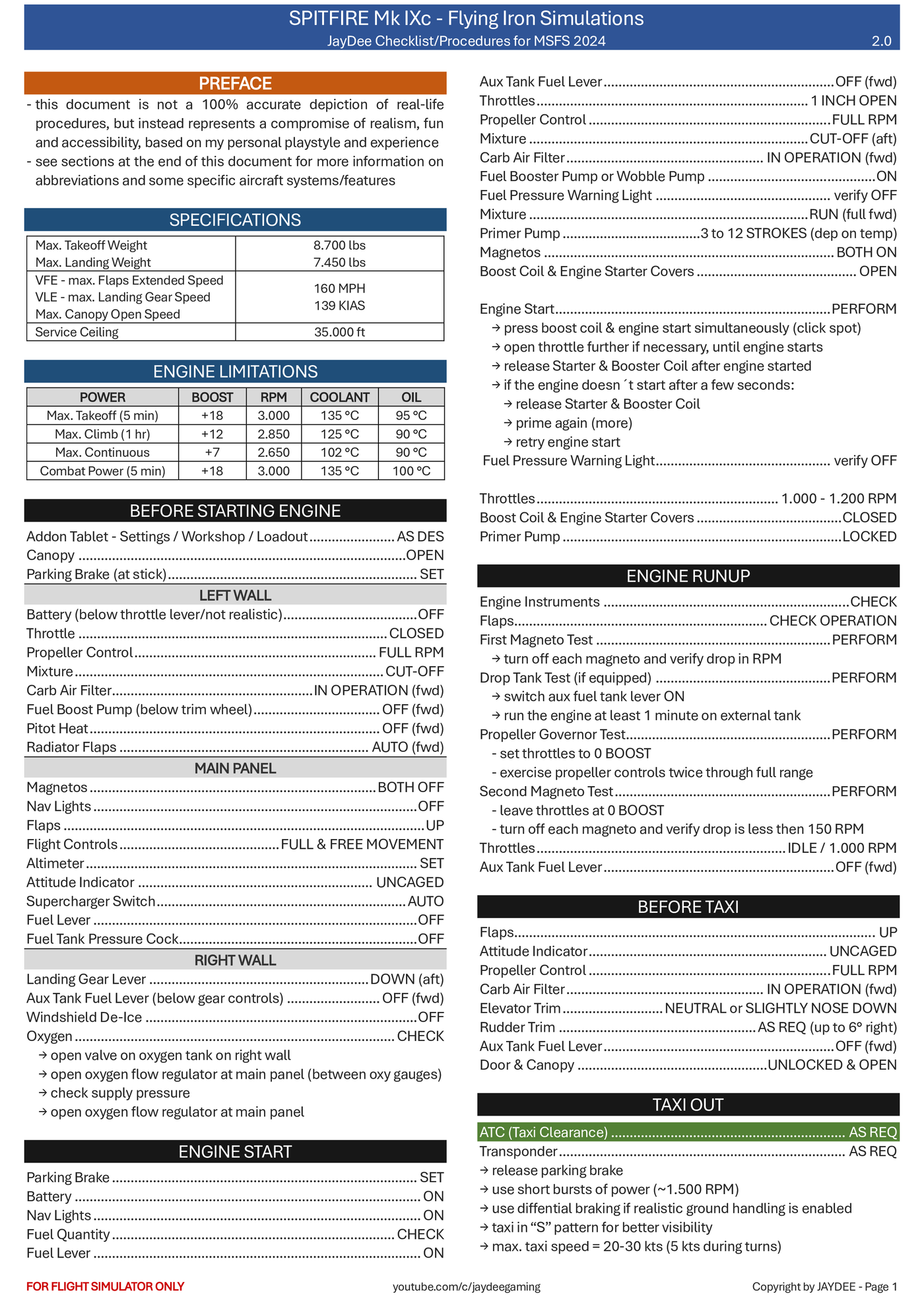 Spitfire MK IXc - JayDee Checklist & Procedures para Microsoft Flight ...