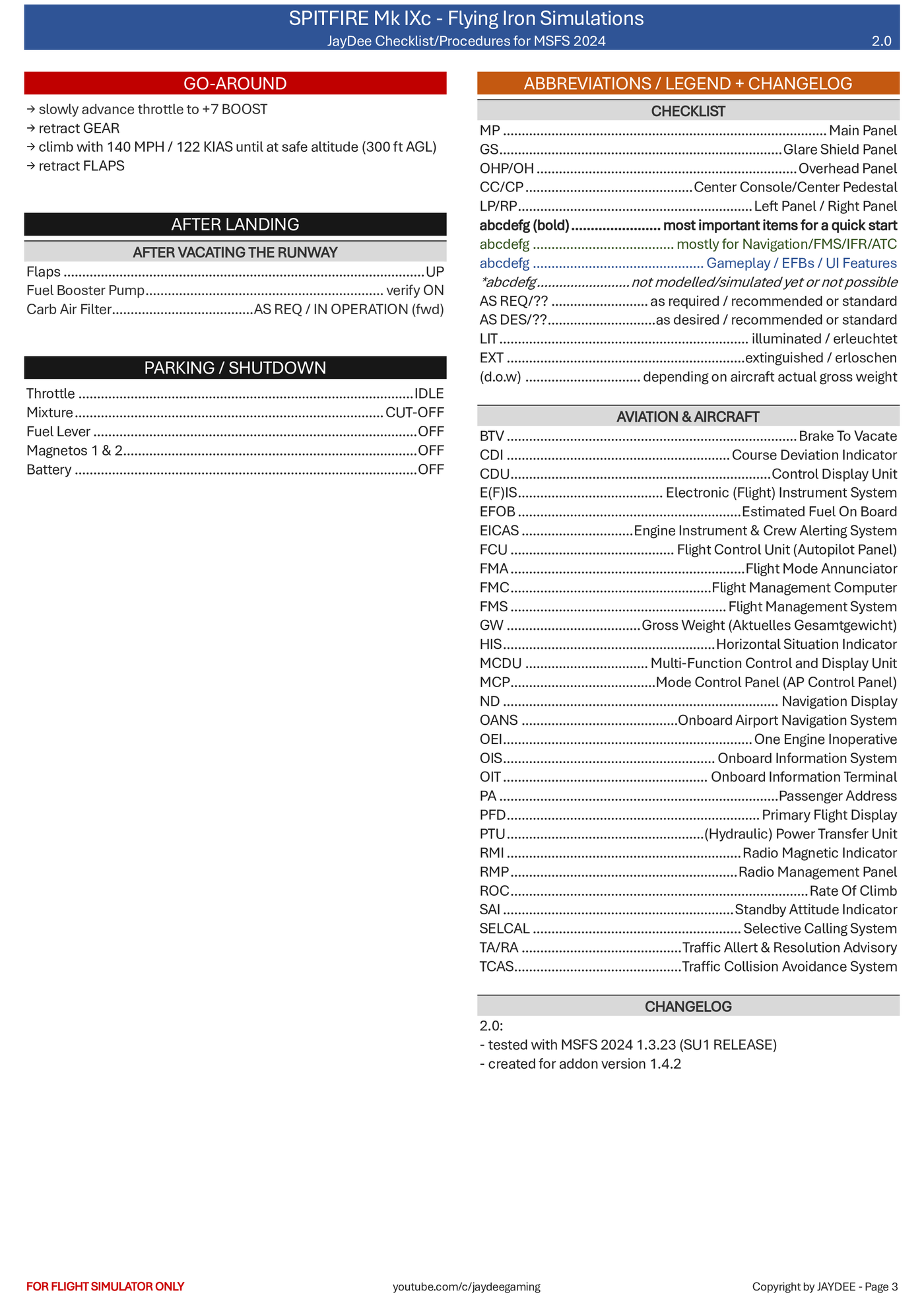 Spitfire MK IXc - JayDee Checklist & Procedures 对于 Microsoft Flight ...