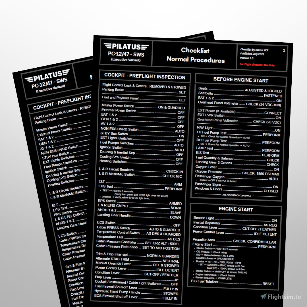 SWS PC12 Checklist + Guide (Exec) für Microsoft Flight Simulator | MSFS