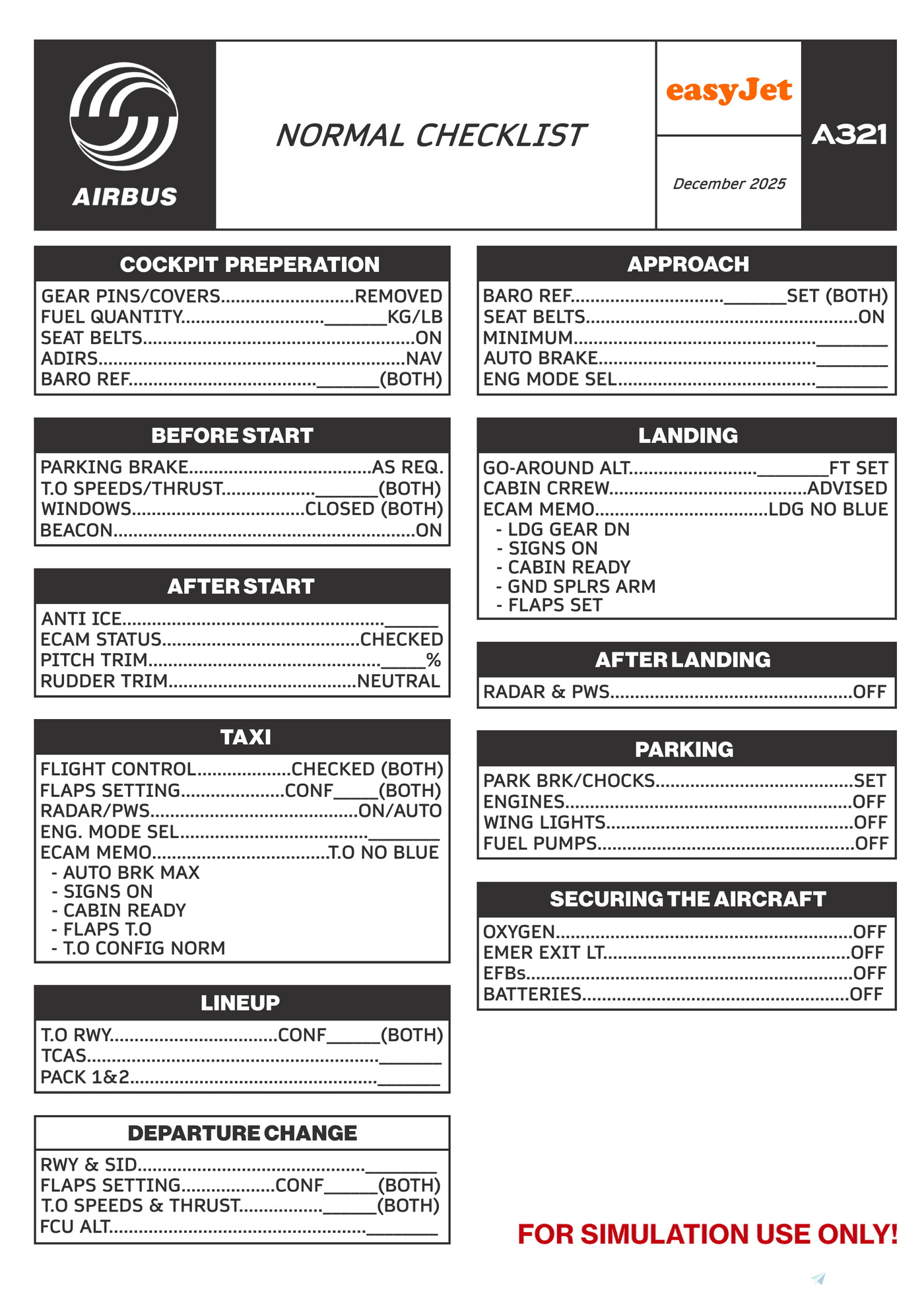 Airbus A319, A320, A321 checklist | EasyJet para Microsoft Flight ...